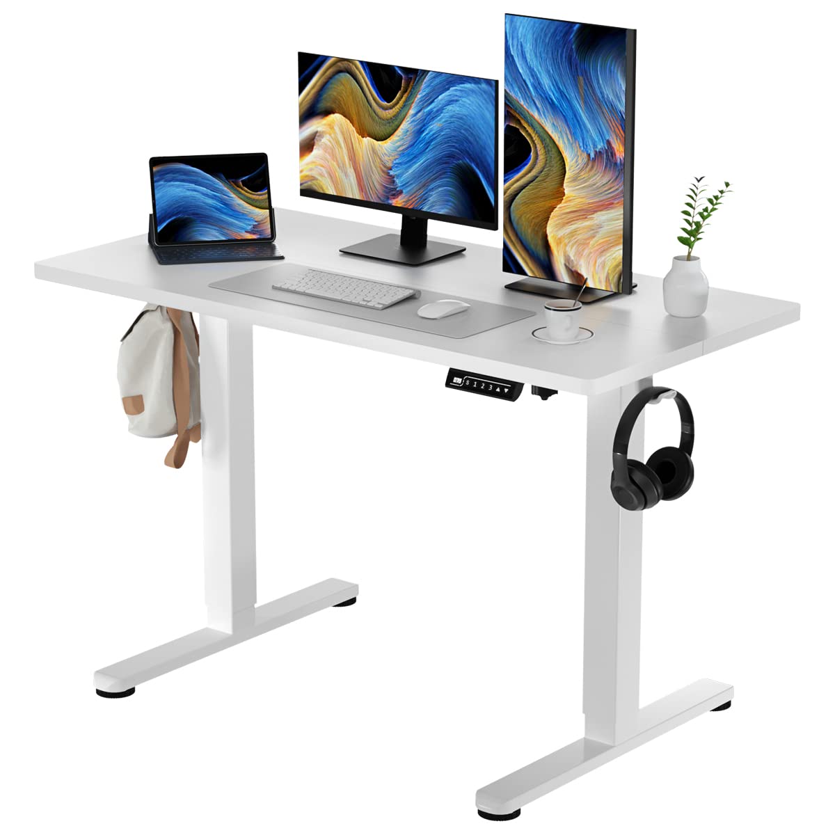 JYLH JOYSEEKER White Standing Desk, 48 X 24 Inch Adjustable Height Electric Desk, Sit Stand Desk with Splice Board and 2 Hooks, Ergonomic Rising Desk for Home Office