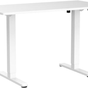 JYLH JOYSEEKER White Standing Desk, 48 X 24 Inch Adjustable Height Electric Desk, Sit Stand Desk with Splice Board and 2 Hooks, Ergonomic Rising Desk for Home Office