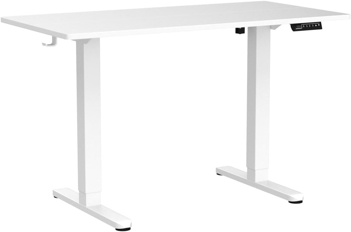 JYLH JOYSEEKER White Standing Desk, 48 X 24 Inch Adjustable Height Electric Desk, Sit Stand Desk with Splice Board and 2 Hooks, Ergonomic Rising Desk for Home Office