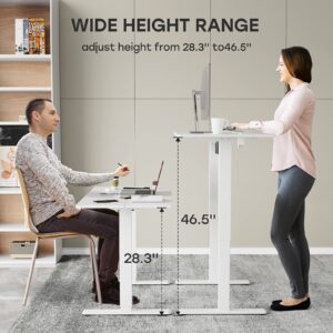 JYLH JOYSEEKER White Standing Desk, 48 X 24 Inch Adjustable Height Electric Desk, Sit Stand Desk with Splice Board and 2 Hooks, Ergonomic Rising Desk for Home Office