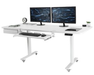 vivo electric height adjustable 71 x 30 inch stand up mobile desk, pull-out storage drawer, keyboard tray, casters, white table top, white frame, memory controller, desk-kit-1w7w-a1