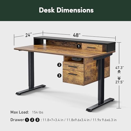 FEZIBO Whole-Piece Electric Standing Desk Adjustable Height with 3 drawers, 48 x 24 inches Stand up Desk with Monitor Shelf, Sit Stand Rising Desk with open storage, Rustic Brown (2 Packages)