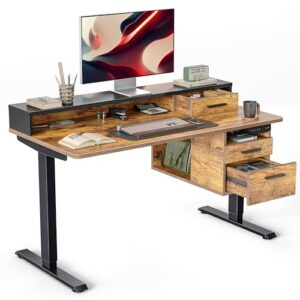 fezibo whole-piece electric standing desk adjustable height with 3 drawers, 48 x 24 inches stand up desk with monitor shelf, sit stand rising desk with open storage, rustic brown (2 packages)