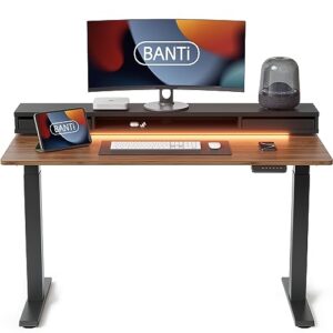 banti 55" × 26" electric standing desk with monitor stand, height adjustable table with led strips, ergonomic home office furniture with 2 drawers storage, black walnut top