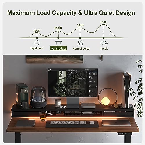 BANTI 55" × 26" Electric Standing Desk with Monitor Stand, Height Adjustable Table with LED Strips, Ergonomic Home Office Furniture with 2 Drawers Storage, Black Walnut Top