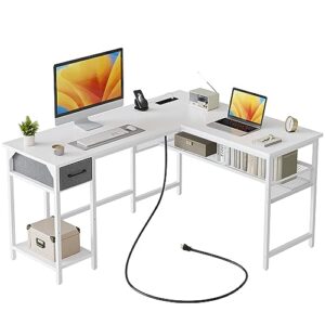 cubicubi l shaped 58 inch computer desk with led and storage shelves, white