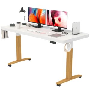 monomi electric standing desk, 55 x 28 inches height adjustable desk, ergonomic home office sit stand up desk with memory preset controller (white top/wood grain frame)