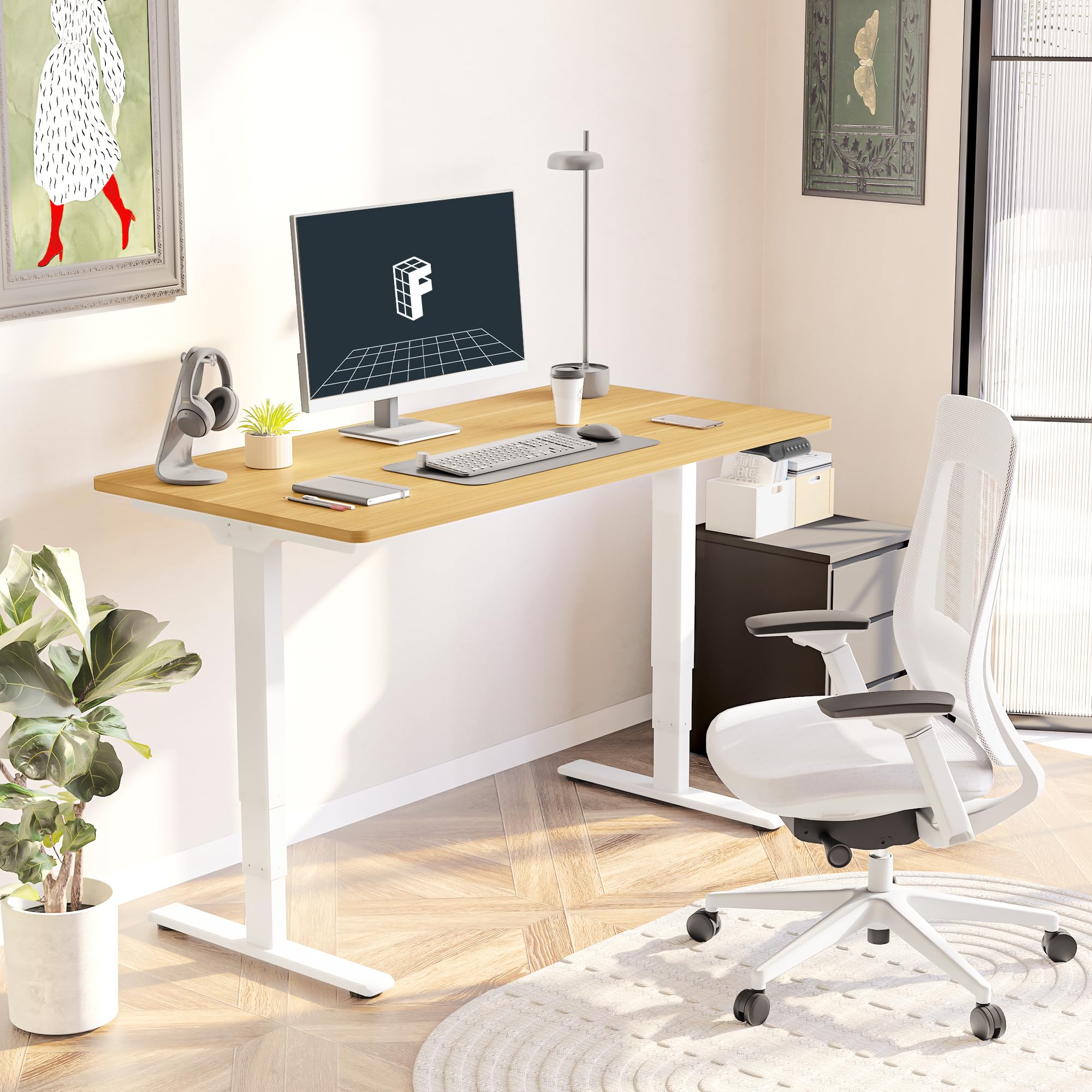 FLEXISPOT E6 Essential 3 Stages Dual Motor Electric Standing Desk 55x28 Inch Whole-Piece Board Height Adjustable Desk Electric Sit Stand Desk(White Frame + Maple Desktop, 2 Packages)