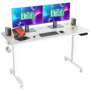 eletab standing desk, 55 x 24 inch electric stand up height adjustable home office table, sit stand desk with splice board, white frame & white desktop