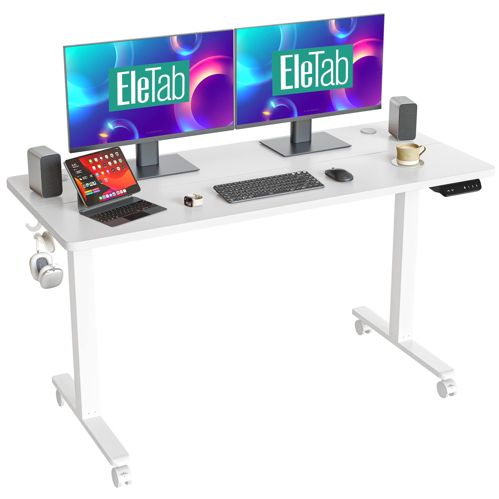 EleTab Standing Desk, 55 x 24 Inch Electric Stand up Height Adjustable Home Office Table, Sit Stand Desk with Splice Board, White Frame & White Desktop