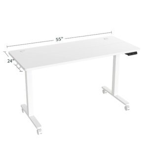 EleTab Standing Desk, 55 x 24 Inch Electric Stand up Height Adjustable Home Office Table, Sit Stand Desk with Splice Board, White Frame & White Desktop