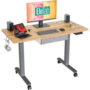 eletab 55 x 24 inch electric standing desk with drawer, stand up desk adjustable height for home office, sit stand computer desk, ergonomic workstation white steel frame/light rustic brown tabletop