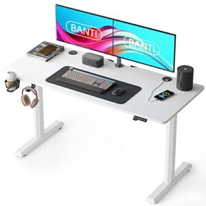 banti 55"x24" standing desk, electric stand up height adjustable home office table, sit stand desk with splice board, white frame & white top