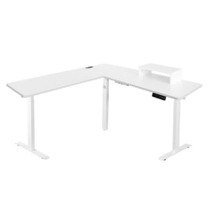 unicoo l-shaped triple motor electric height adjustable standing desk - gaming & home office corner desk, with easy touch control & solid steel construction (white top/white frame - xot-l3e-ww)