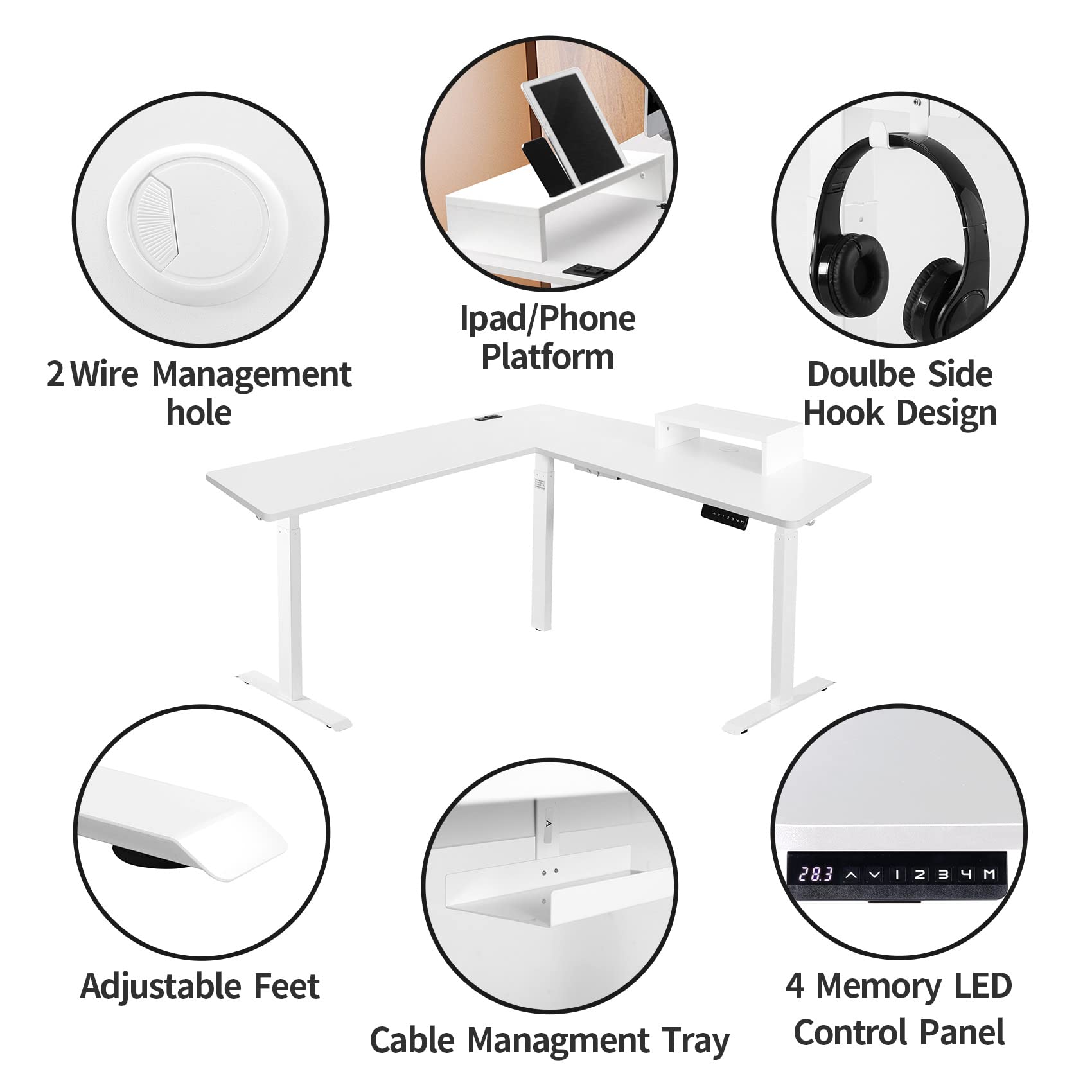 UNICOO L-Shaped Triple Motor Electric Height Adjustable Standing Desk - Gaming & Home Office Corner Desk, with Easy Touch Control & Solid Steel Construction (White Top/White Frame - XOT-L3E-WW)