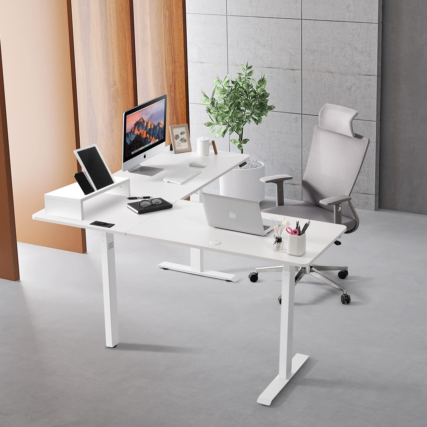 UNICOO L-Shaped Triple Motor Electric Height Adjustable Standing Desk - Gaming & Home Office Corner Desk, with Easy Touch Control & Solid Steel Construction (White Top/White Frame - XOT-L3E-WW)