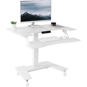 vivo white electric mobile height adjustable 36 inch dual platform standing desk with wheels, rolling small space table, sit stand workstation, desk-v111vtw