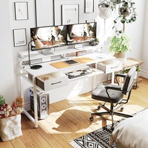 ODK Computer Desk Study Table, 55 Inch Office Desk with Drawers and Keyboard Tray, Study Desk Work Desk with Monitor Shelf, Writing Desk with Storage for Home Office, White