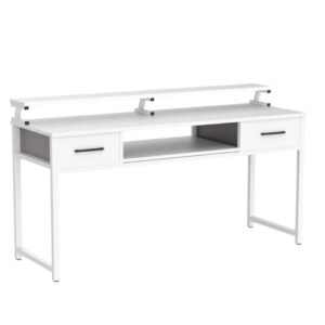 ODK Computer Desk Study Table, 55 Inch Office Desk with Drawers and Keyboard Tray, Study Desk Work Desk with Monitor Shelf, Writing Desk with Storage for Home Office, White