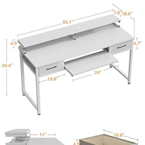 ODK Computer Desk Study Table, 55 Inch Office Desk with Drawers and Keyboard Tray, Study Desk Work Desk with Monitor Shelf, Writing Desk with Storage for Home Office, White