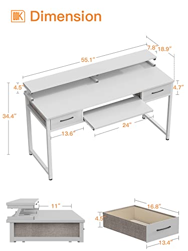 ODK Computer Desk Study Table, 55 Inch Office Desk with Drawers and Keyboard Tray, Study Desk Work Desk with Monitor Shelf, Writing Desk with Storage for Home Office, White