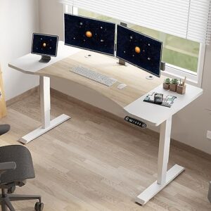 dual motor electric standing desk, 63 x 30 inches height adjustable table with splice board, ergonomic sit stand computer desk with white frame/oak+ white top