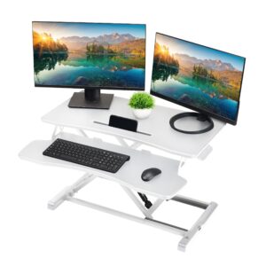 techorbits standing desk converter - 32 inch adjustable sit to stand up desk workstation, mdf wood, ergonomic desk riser with keyboard tray, desktop riser for home office computer laptop, white 32"