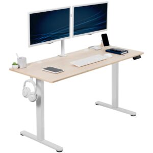 vivo electric 55 x 24 inch stand up desk, complete height adjustable standing home & office workstation with memory controller, light wood top, white frame, desk-e155tc