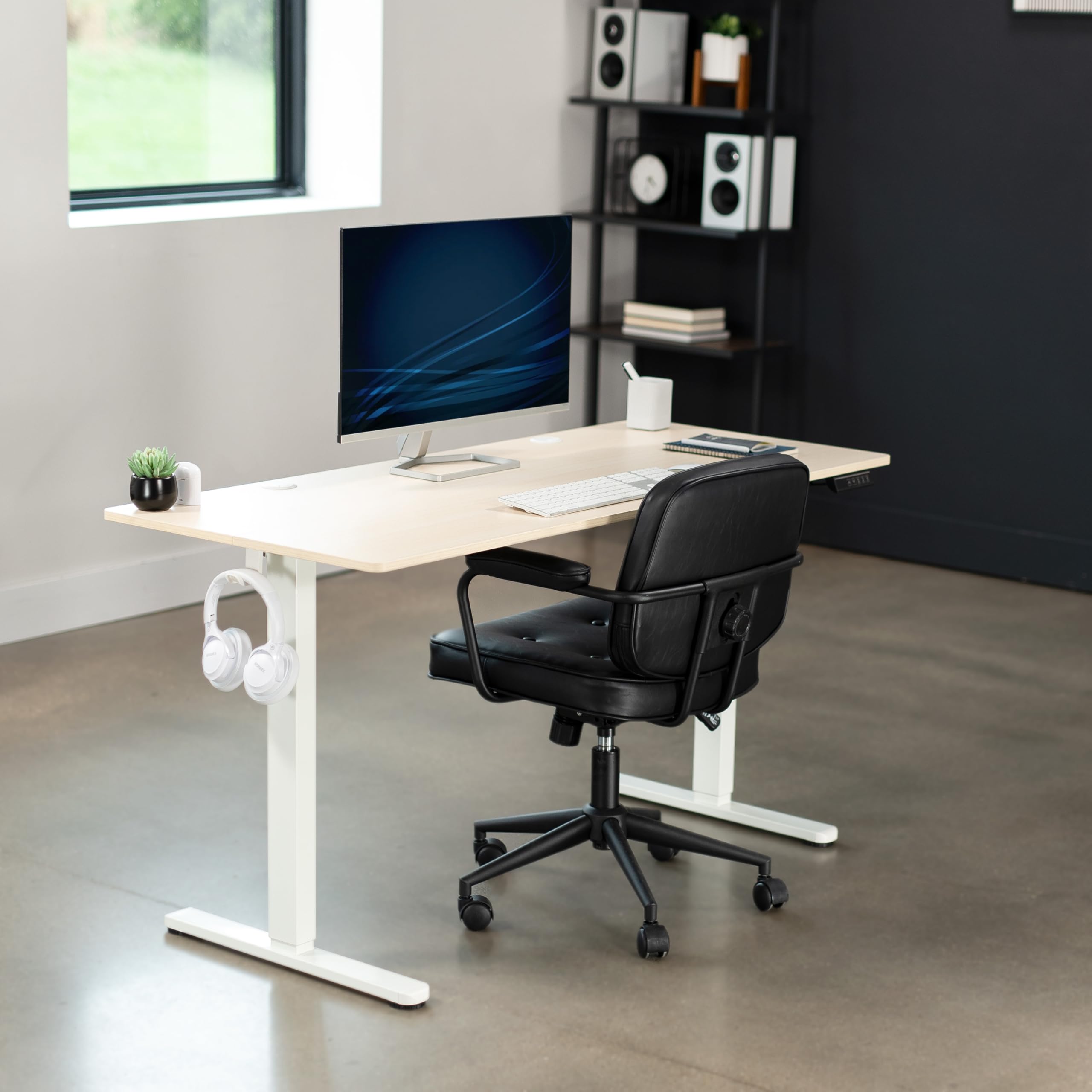 VIVO Electric 55 x 24 inch Stand Up Desk, Complete Height Adjustable Standing Home & Office Workstation with Memory Controller, Light Wood Top, White Frame, DESK-E155TC