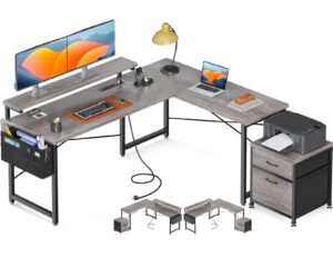 aodk l shaped computer desk, 55" office desk with file cabinet, power outlet and adjustable monitor stand, executive home office furniture set, reversible corner desk with storage bag, oak grey