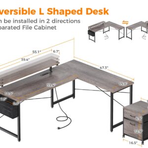 AODK L Shaped Computer Desk, 55" Office Desk with File Cabinet, Power Outlet and Adjustable Monitor Stand, Executive Home Office Furniture Set, Reversible Corner Desk with Storage Bag, Oak Grey