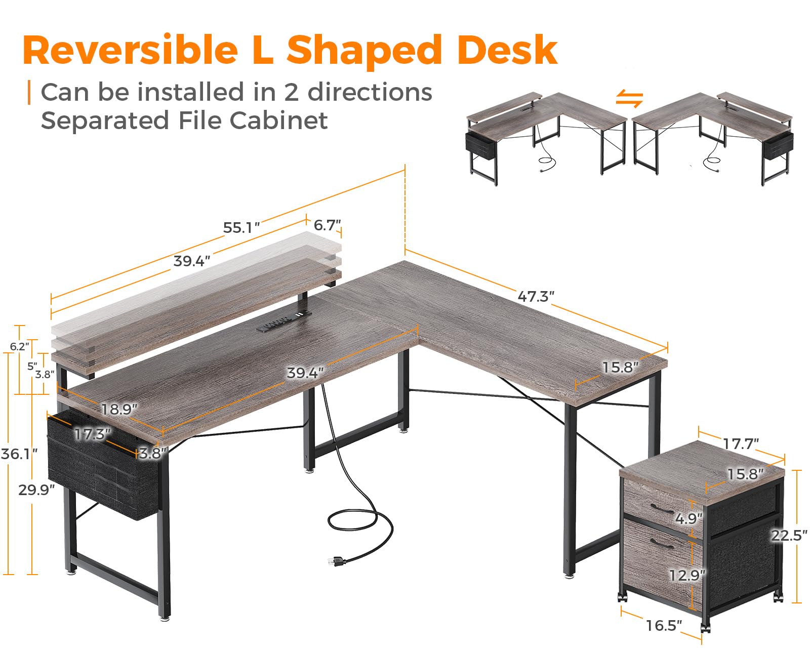 AODK L Shaped Computer Desk, 55" Office Desk with File Cabinet, Power Outlet and Adjustable Monitor Stand, Executive Home Office Furniture Set, Reversible Corner Desk with Storage Bag, Oak Grey