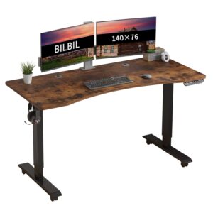 bilbil electric standing desk 55 x 30 inches, height adjustable sit stand desk with splice board, casters with brake, black frame/rustic brown top