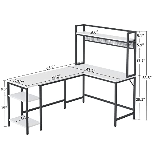 CubiCubi L Shaped Desk with Hutch, 66" Corner Computer Desk with Drawer,Home Office Gaming Table Workstation with Storage Bookshelf, White