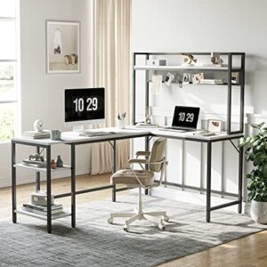 CubiCubi L Shaped Desk with Hutch, 66" Corner Computer Desk with Drawer,Home Office Gaming Table Workstation with Storage Bookshelf, White