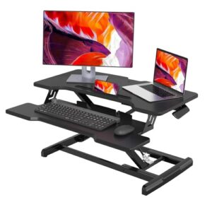 joy seeker standing desk converter 30 inches stand up desk riser, height adjustable dual tier sit stand tabletop monitor riser workstation for home office with deep keyboard tray for laptop