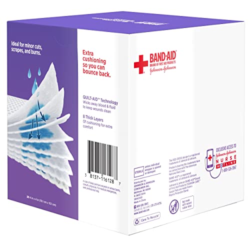 Band-Aid Brand Absorbent Cushion Care Sterile Square Gauze Pads for First Aid Protection of Minor Cuts, Scrapes & Burns, Non-Adhesive, Wound Care Dressing Pads, Large, 4 in x 4 in, 25 ct