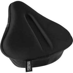 bikeroo bike seat cushion - padded gel wide adjustable cover for men & womens comfort, compatible with peloton, stationary exercise or cruiser bicycle seats, 11in x 10in (black)