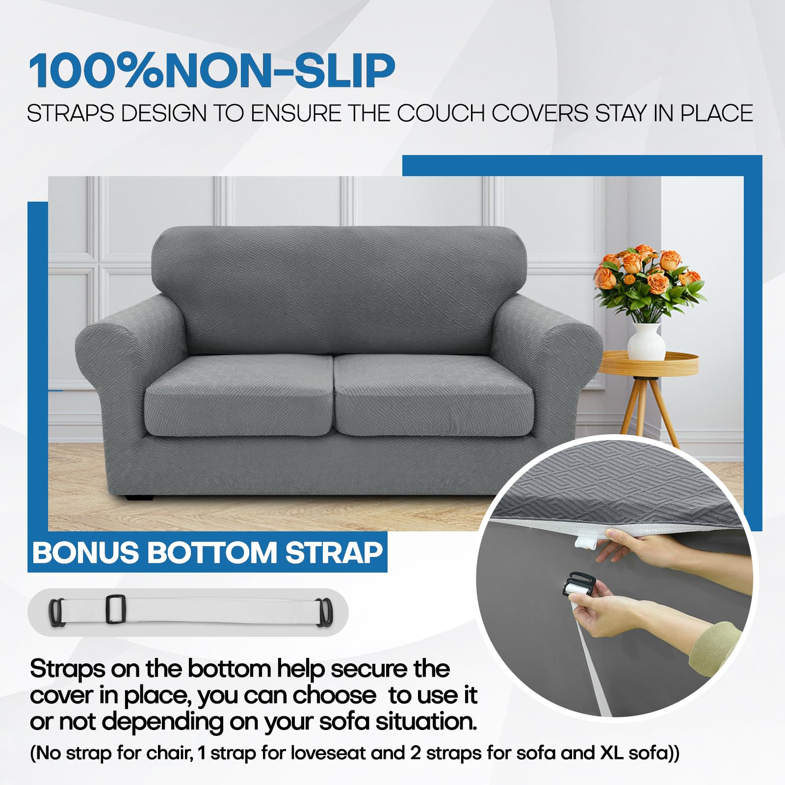 XINEAGE 2024 Newest 3 Pieces Couch Covers for 2 Extra Large Cushion Sofa Super Stretch Sofa Cover for 2 Large Seat Universal Loveseat Slip Cover for Living Room (Light Gray), 71"-91"(2 Cushions)