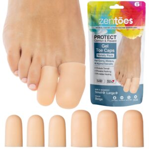 zentoes 6 pack gel toe cap and protector - cushions and protects to provide relief from missing or ingrown toenails, corns, blisters, hammer toes (variety, beige)