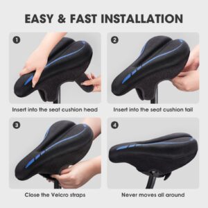 MEENCOOL Bike Seat Cushion - Gel Padded Bike Seat Cover for Men & Women Comfort, Adjustable Velcro Secure Bicycle Seat Cushion Compatible with Peloton, Indoor & Outdoor Bicycle Seat(11"x7"，Blue)