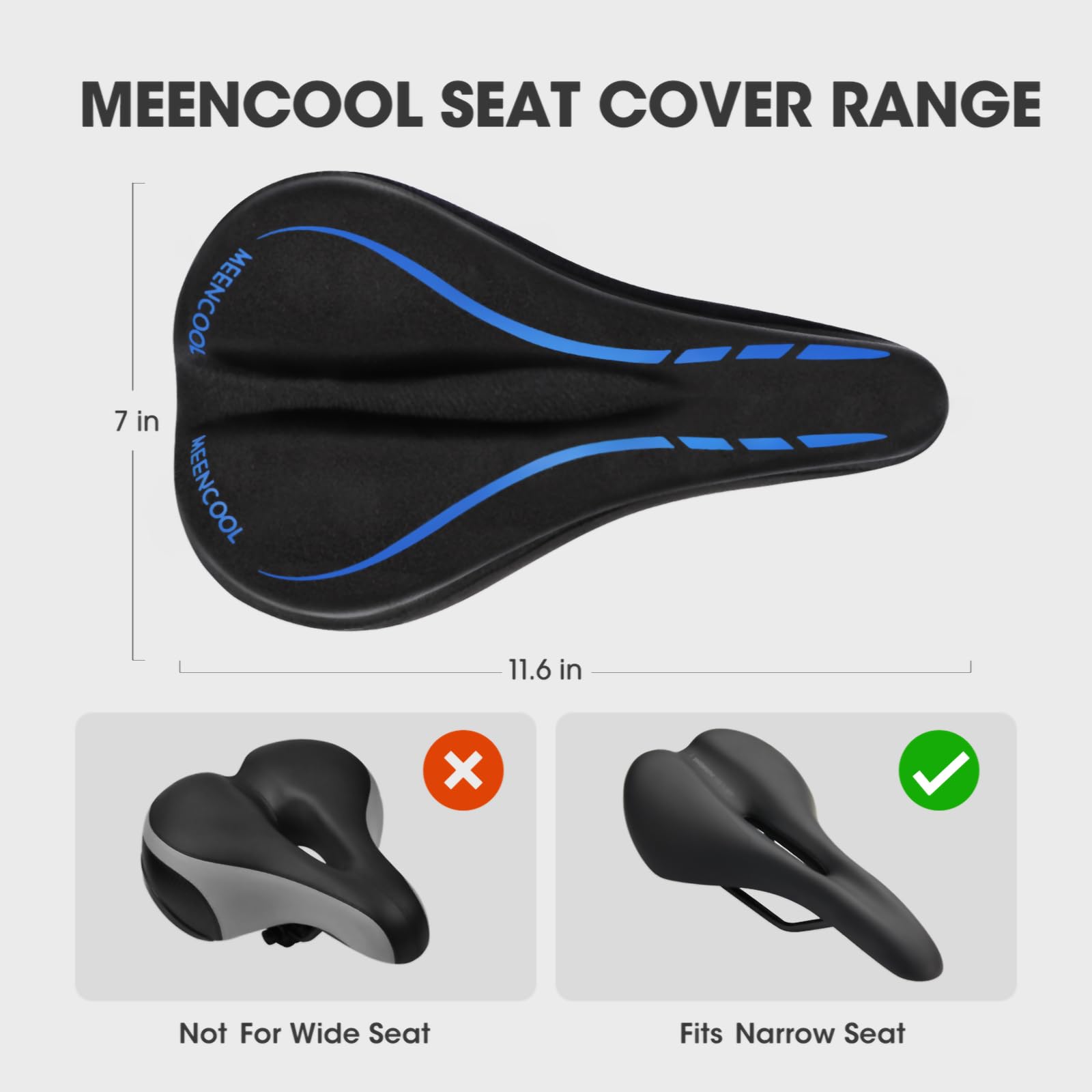 MEENCOOL Bike Seat Cushion - Gel Padded Bike Seat Cover for Men & Women Comfort, Adjustable Velcro Secure Bicycle Seat Cushion Compatible with Peloton, Indoor & Outdoor Bicycle Seat(11"x7"，Blue)