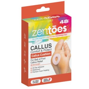 zentoes callus cushions round foam padding with water-resistant self-stick adhesive, protects foot, heel and toes from rubbing and friction, pain relief from shoe pressure (48 count)