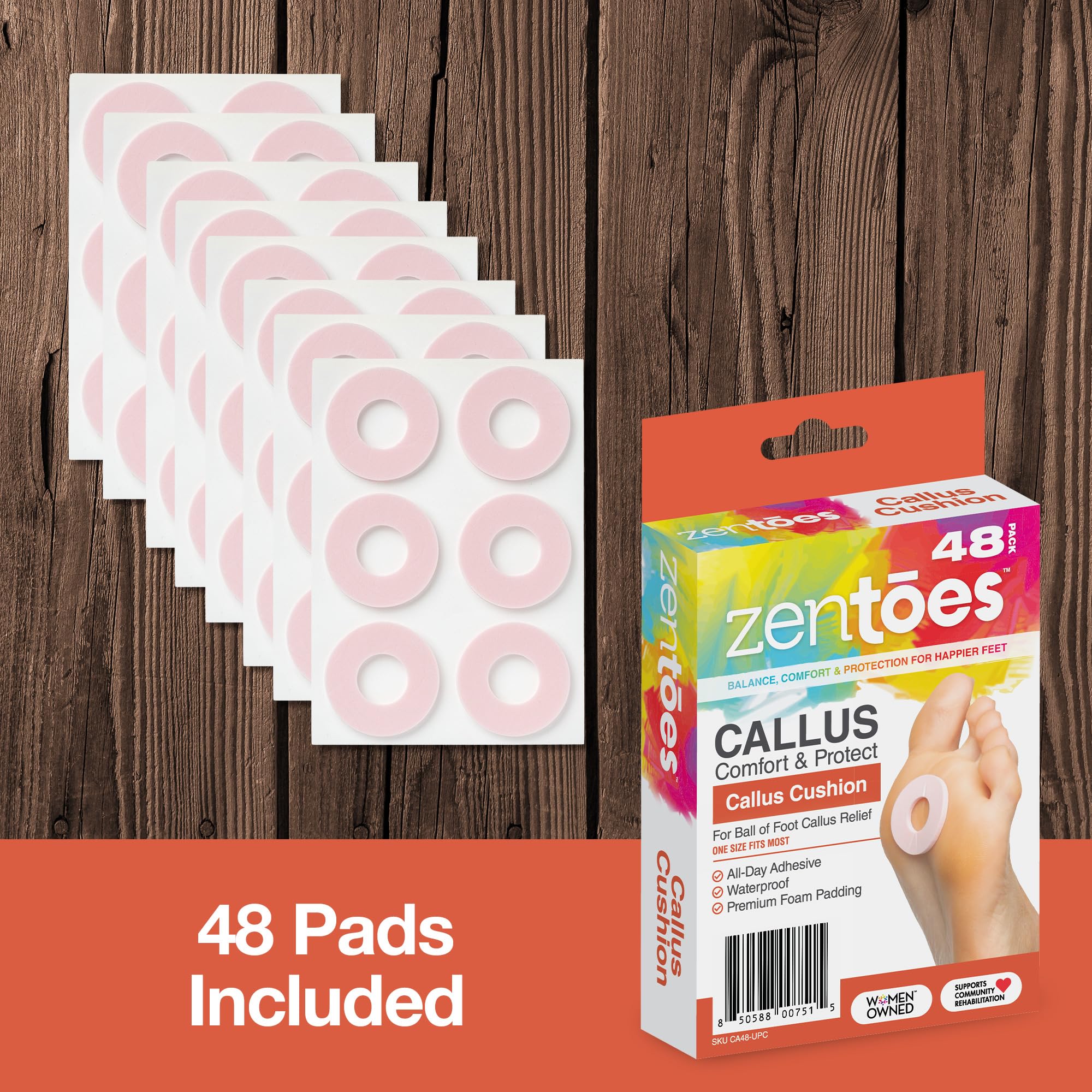 ZenToes Callus Cushions Round Foam Padding with Water-Resistant Self-Stick Adhesive, Protects Foot, Heel and Toes from Rubbing and Friction, Pain Relief from Shoe Pressure (48 Count)