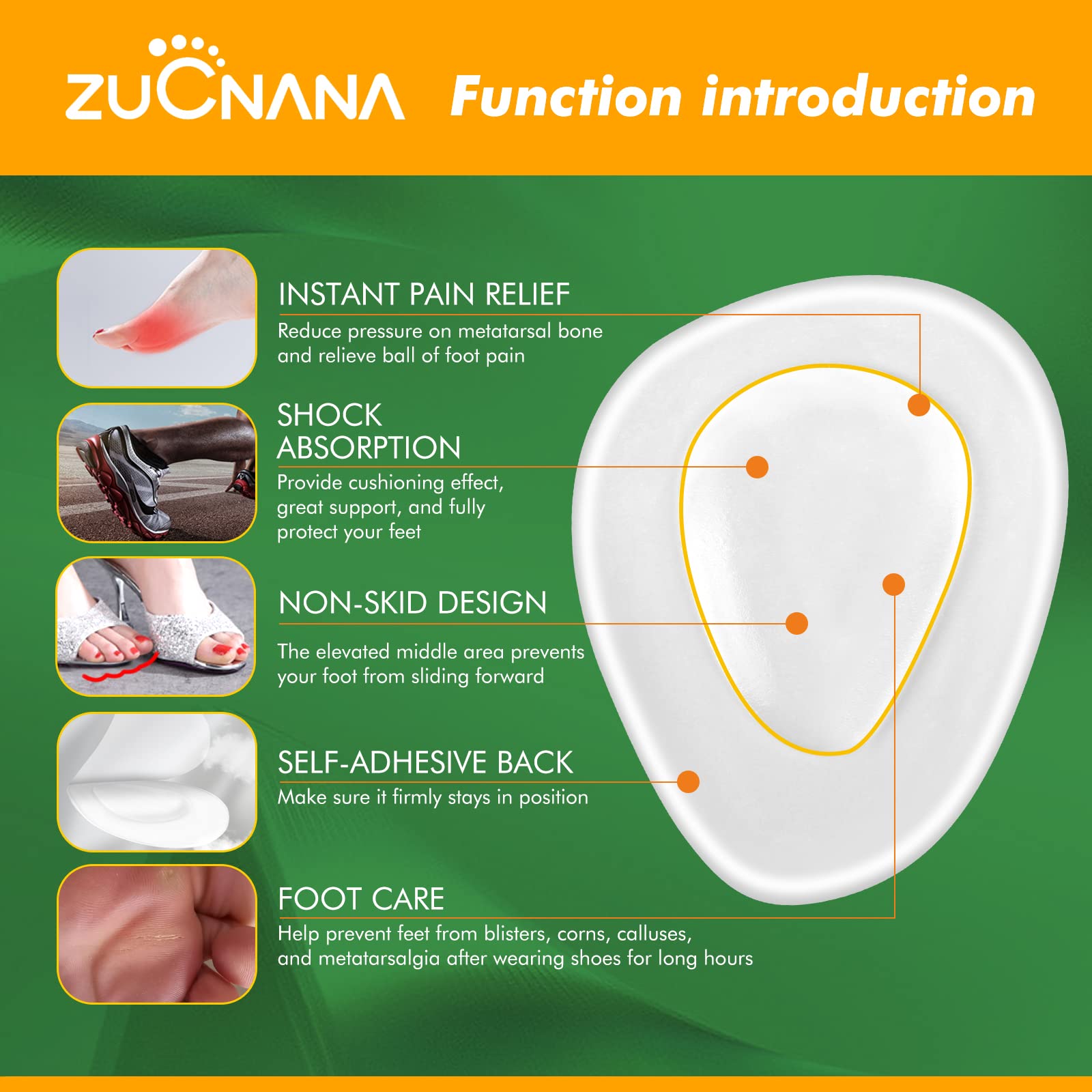 ZUCNANA Metatarsal Pads for Women (12 Pieces) | Ball of Foot Cushions for Women High Heels | Soft Gel Shoe Inserts for Foot Pain Relief from Mortons Neuroma and Callus | Anti-Slip One Size Fits Any