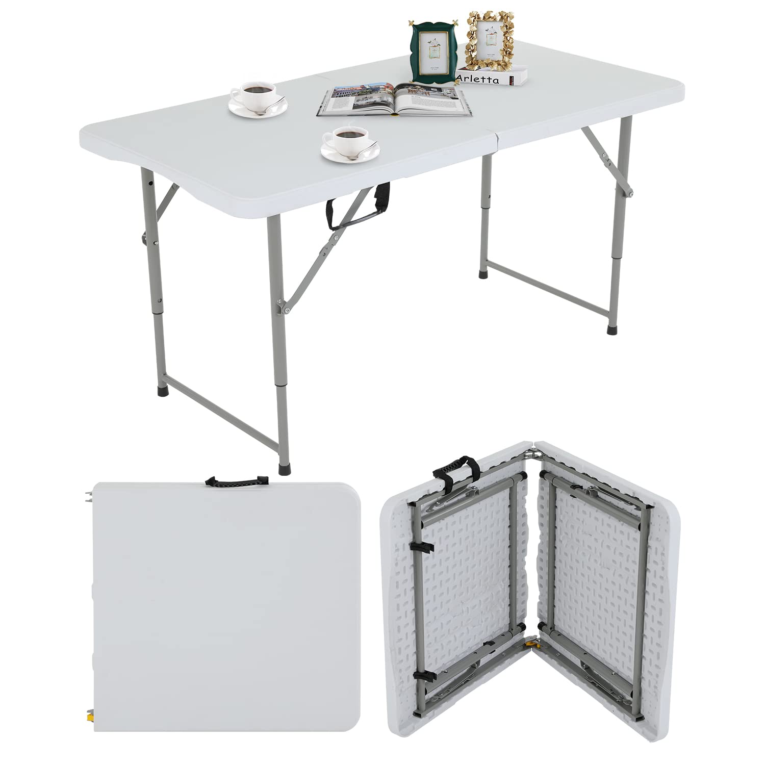 Pazidom 4FT Folding Table, Height Adjustable Table, Heavy Duty Plastic Table Portable Fold-in-Half Utility Table w/Handle & Lock for Camping BBQ Party Banquet Wedding Market Events, 330LBS