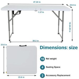 Pazidom 4FT Folding Table, Height Adjustable Table, Heavy Duty Plastic Table Portable Fold-in-Half Utility Table w/Handle & Lock for Camping BBQ Party Banquet Wedding Market Events, 330LBS