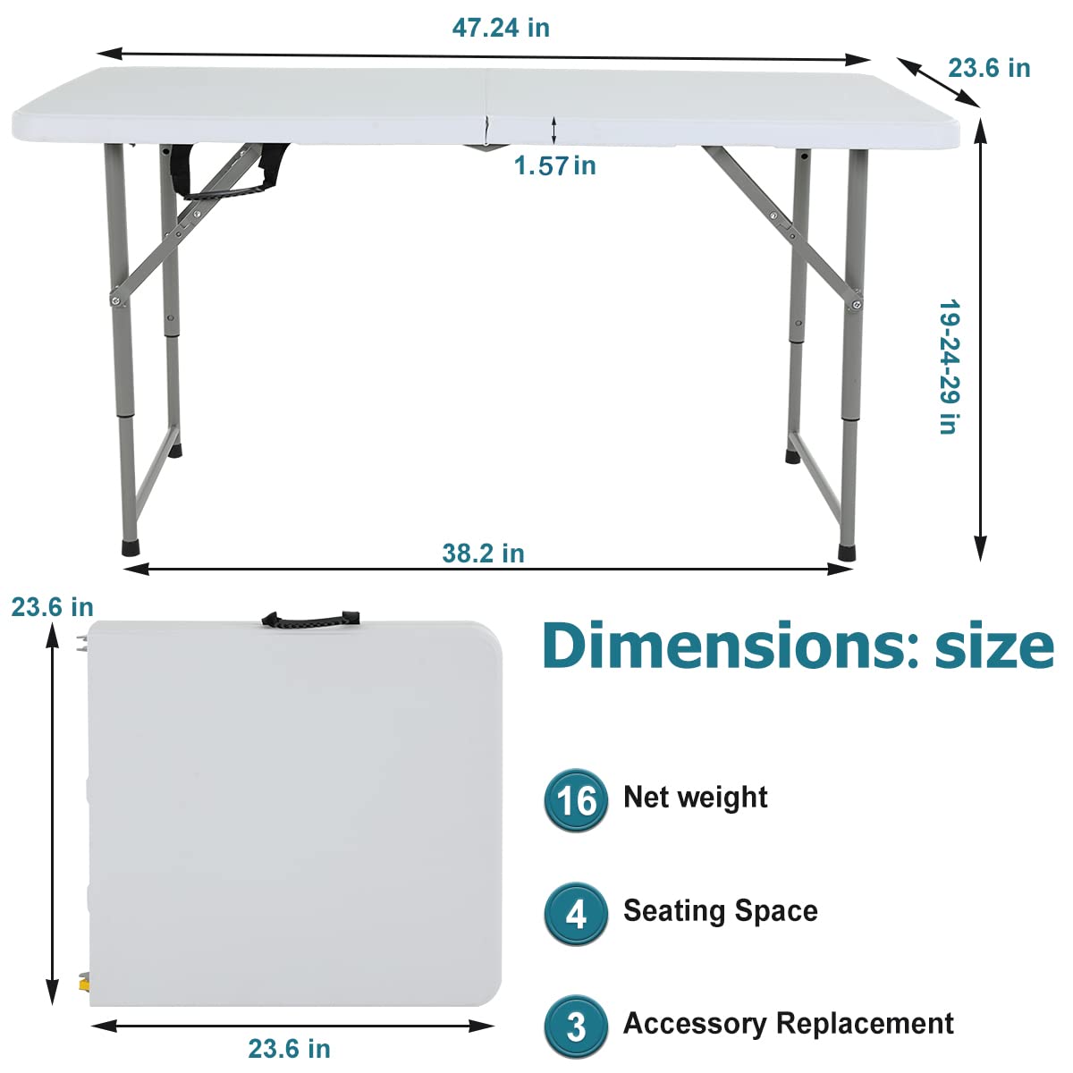 Pazidom 4FT Folding Table, Height Adjustable Table, Heavy Duty Plastic Table Portable Fold-in-Half Utility Table w/Handle & Lock for Camping BBQ Party Banquet Wedding Market Events, 330LBS