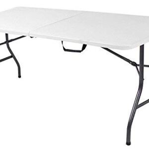 Ontario Furniture 6 Foot Plastic Folding Table - Folds in Half with Carrying Handle Rectangular - Lightweight and Portable - White Resin with Sturdy Steel Frame