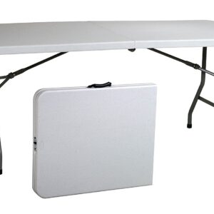 Ontario Furniture 6 Foot Plastic Folding Table - Folds in Half with Carrying Handle Rectangular - Lightweight and Portable - White Resin with Sturdy Steel Frame